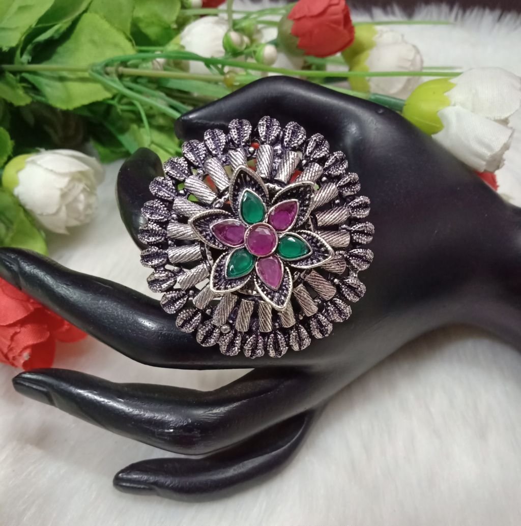 German Silver Ad Stone Big Flower Oxidized Ring SCA35033
